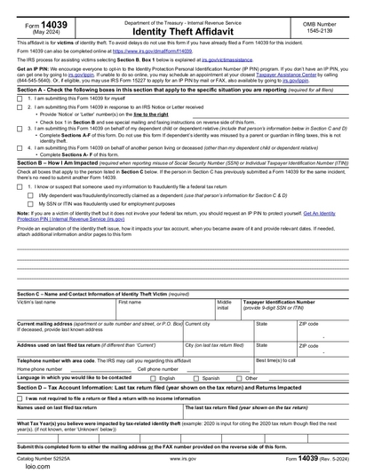 Free Form 14039: Identity Theft Affidavit for IRS Protection