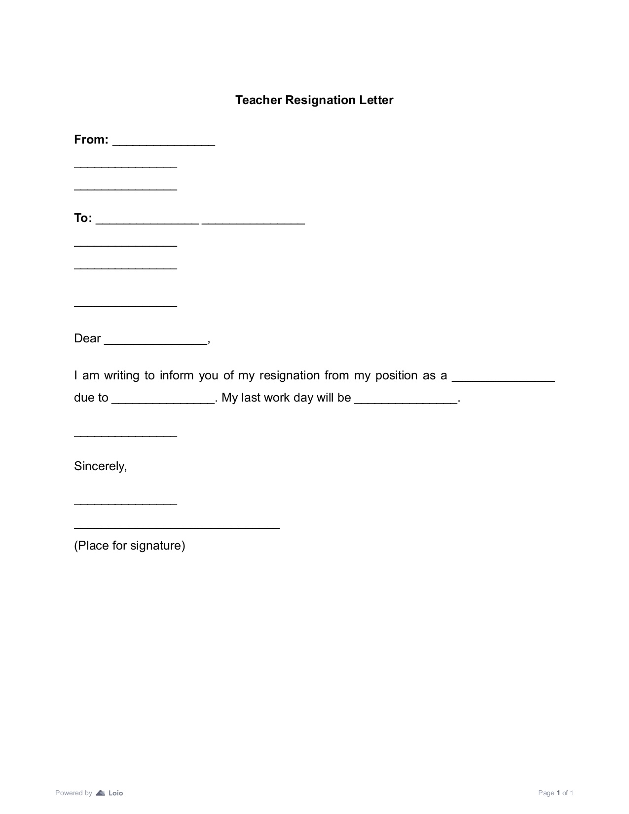 Resignation Letter For Teacher
